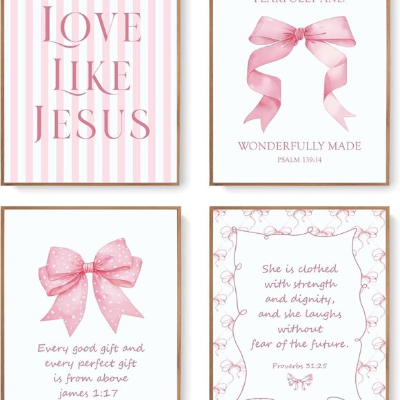 Wall Decor | Elegant Coquette Pink Bow Art Prints Set Of 4 ...